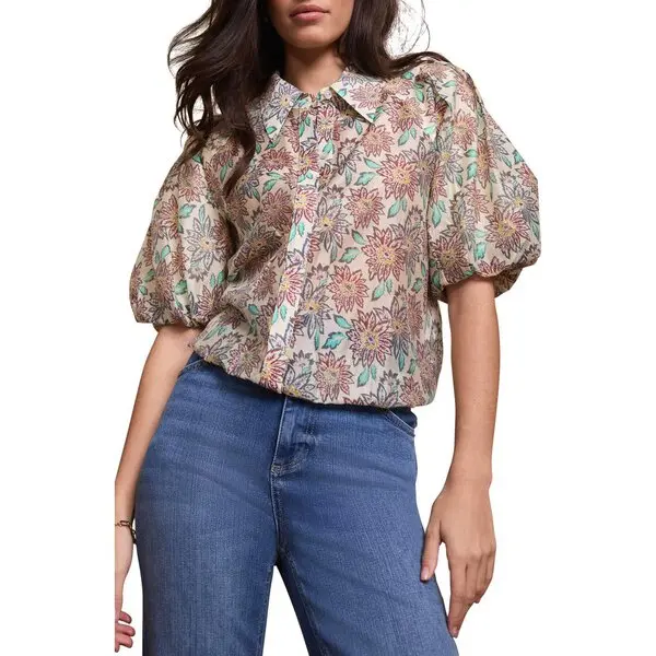 Mint Velvet Floral Print Puff Sleeve Shirt - Burgundy