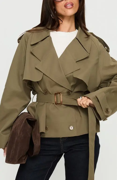 Princess Polly Eldora Double Breasted Belted Crop Trench Coat - Green