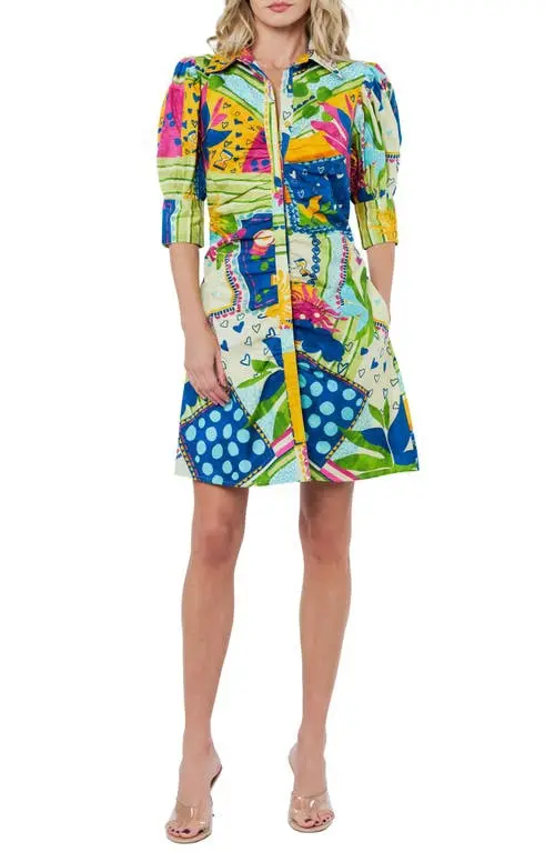 CIEBON Printed Cotton Shirtdress - Light Yellow Multi