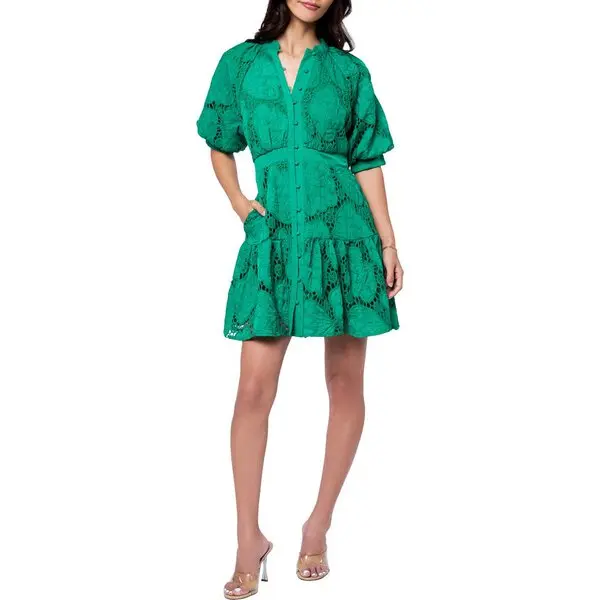CIEBON Floral Embroidered Puff Sleeve Mini Dress - Green