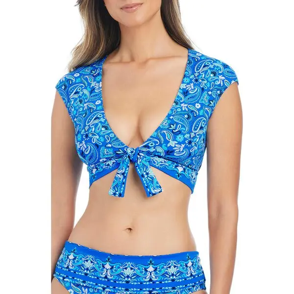 ROD BEATTIE Tie Front Cap Sleeve Bikini Top - Bleu Depths