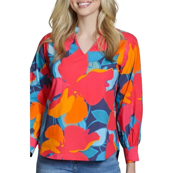 APNY Floral Print Split Neck Top - Hibiscus Multi