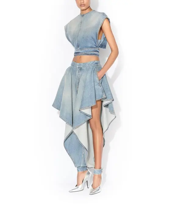 Alaïa Denim Belted Crop Top - Blue