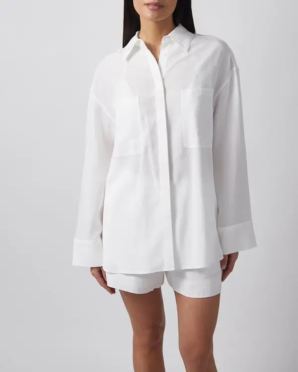WAKAKUU Oversized Cotton Shirt With Classic Collar And Chest Pockets - White