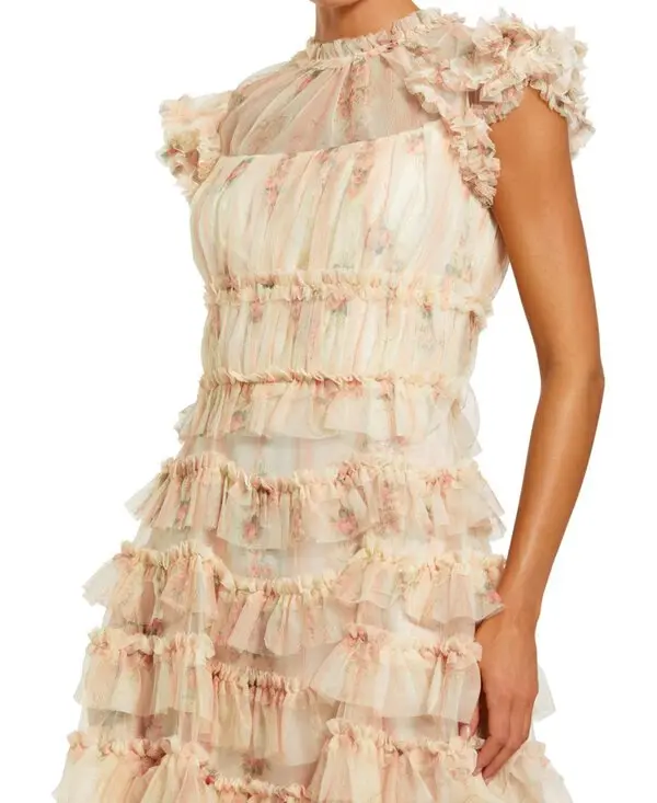 Mac Duggal Printed Mesh Short Sleeve Micro Ruffle Midi Dress
