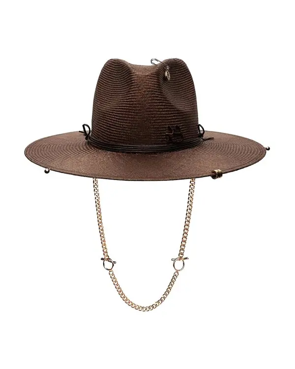 Ruslan Baginskiy Chain Strap Straw Fedora - Brown
