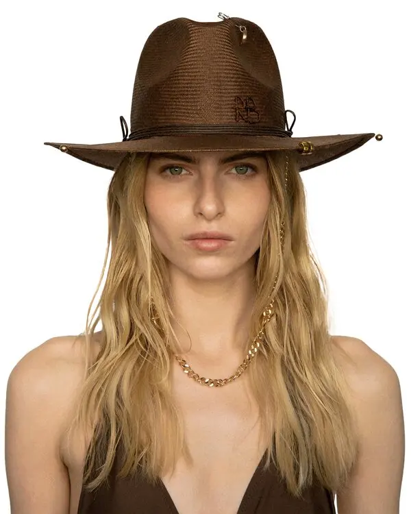 Ruslan Baginskiy Chain Strap Straw Fedora - Brown