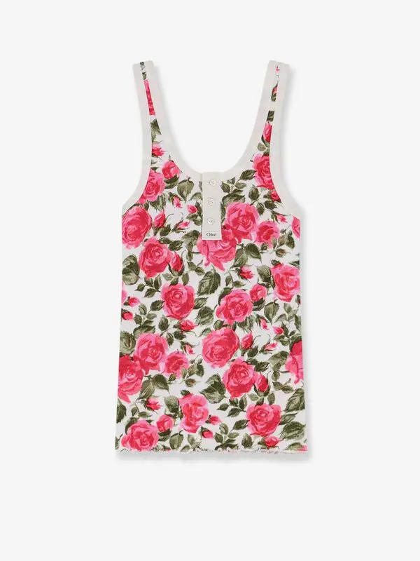 Chloé Cotton Henley Tank Top With Floral Pattern - Pink