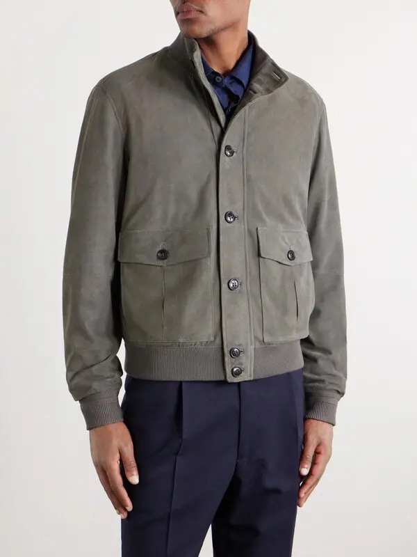 Zegna Ribbed Suede Bomber Jacket - Gray
