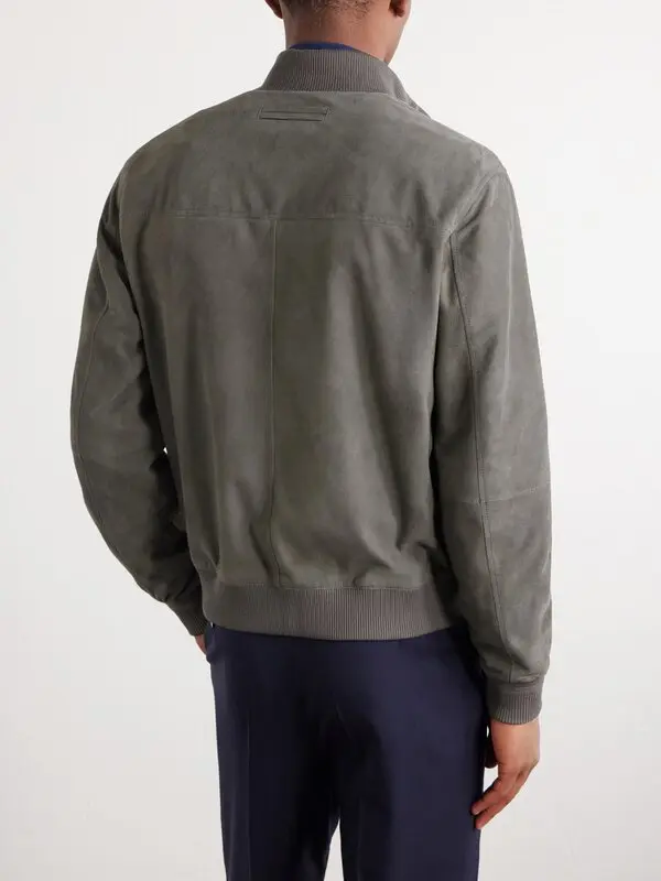 Zegna Ribbed Suede Bomber Jacket - Gray