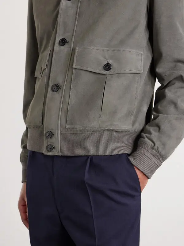 Zegna Ribbed Suede Bomber Jacket - Gray