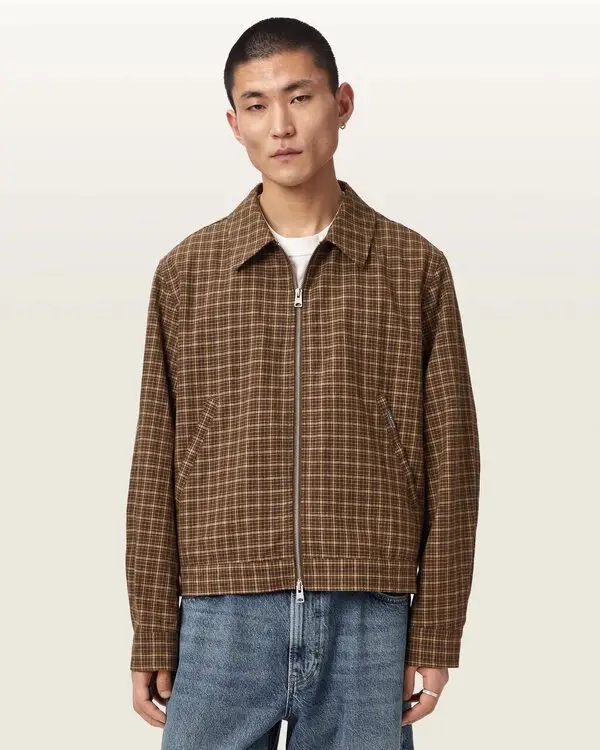 ALLSAINTS Lakeshaw Linen Blend Check Jacket - Morass Brown