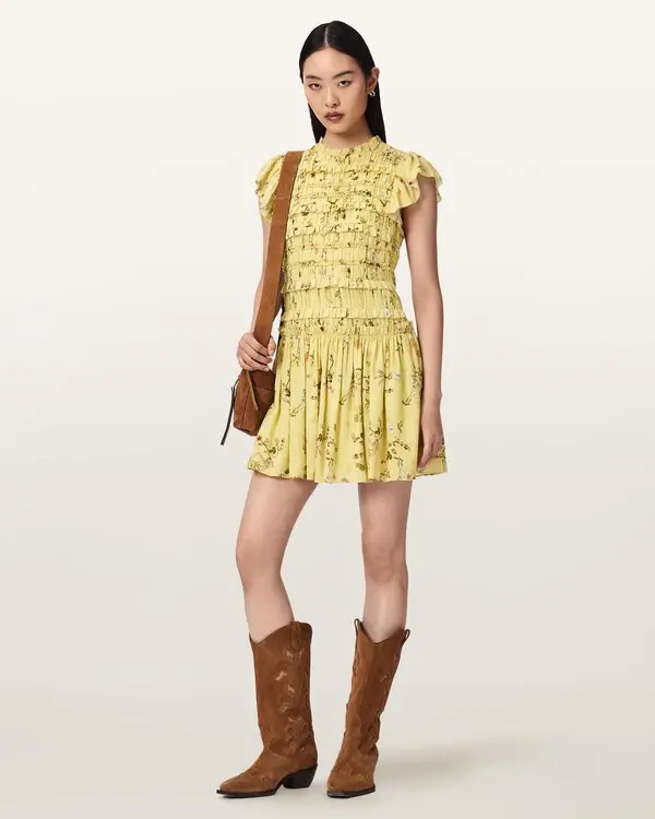 ALLSAINTS Floral Ruffle Mini Dress - Carmel Pale Yellow