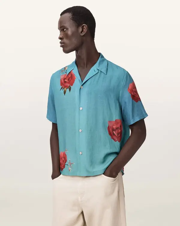 ALLSAINTS Fleur Fazed Boxy Short Sleeve Shirt - Blue