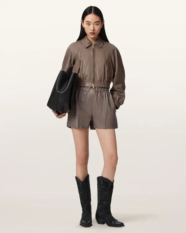ALLSAINTS Fran High Rise Leather Shorts - Mole Brown