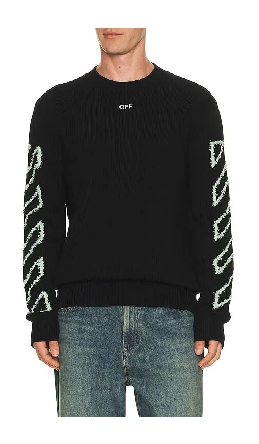Off-White Fuzzy Knit Crew Neck Sweater With Embroidered Detail - Black