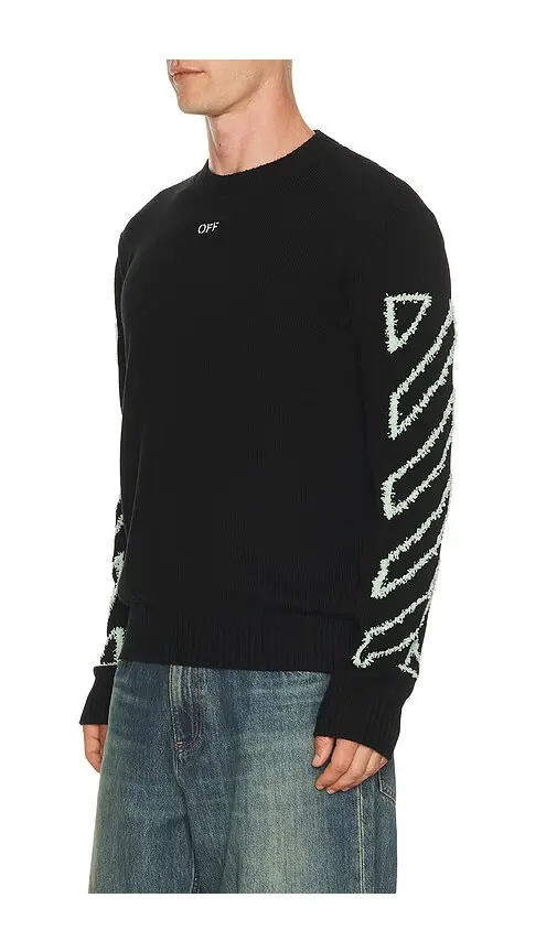 Off-White Fuzzy Knit Crew Neck Sweater With Embroidered Detail - Black