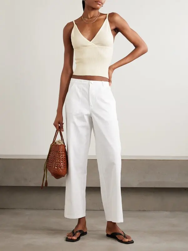 DEIJI STUDIOS Cross Panel Ribbed Linen Cropped Top - Neutrals
