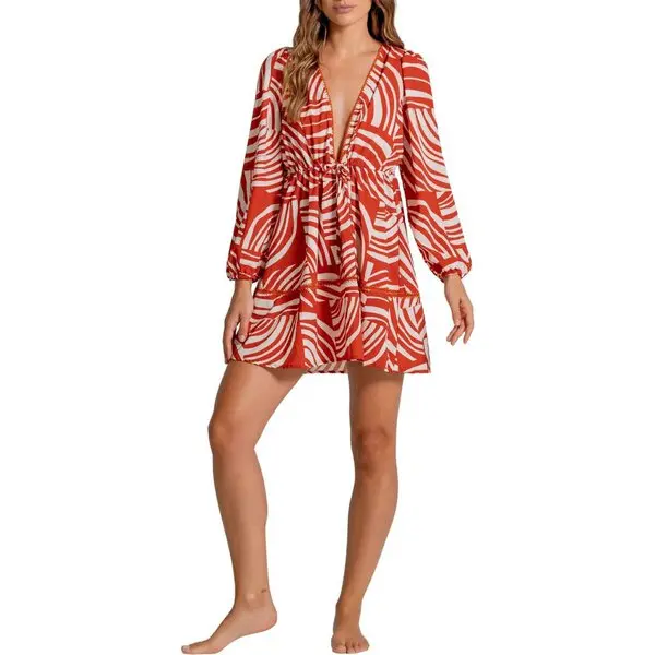 Cosita Linda Print Tie Waist Cover-up Minidress - Chutney