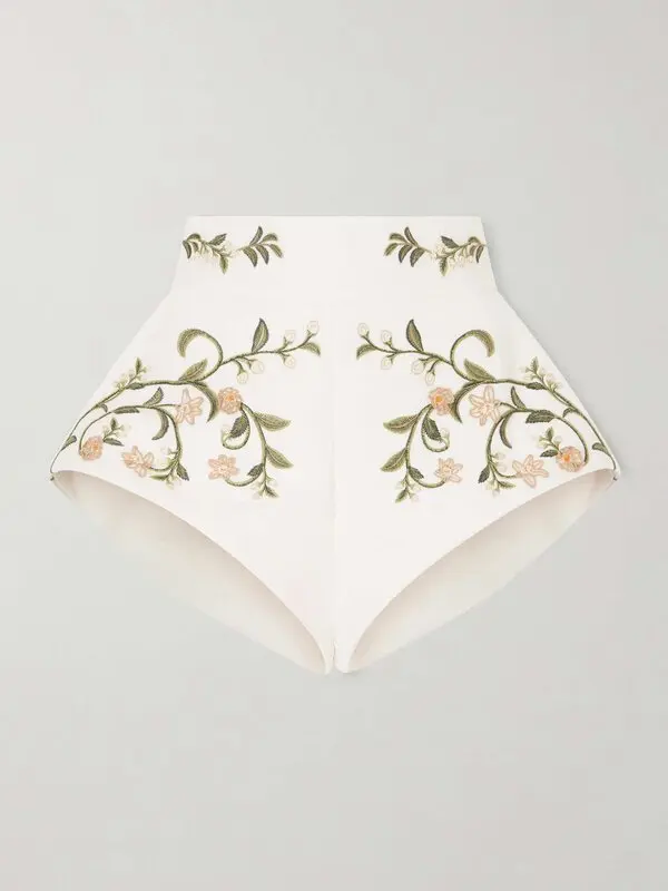Agua Bendita Floral Embroidered Linen Mini Shorts - Cream