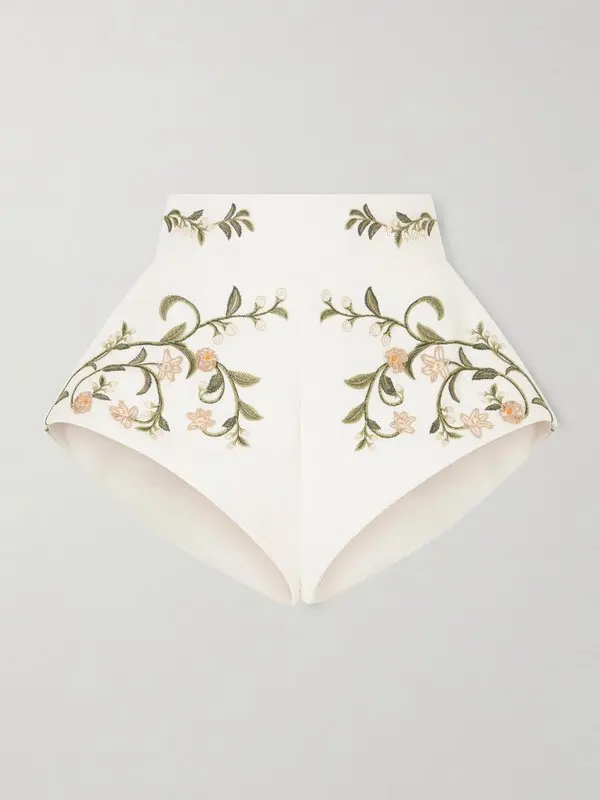 Agua Bendita Floral Embroidered Linen Mini Shorts - Neutrals