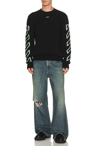 Off-White Fuzzy Knit Crew Neck Sweater - Black