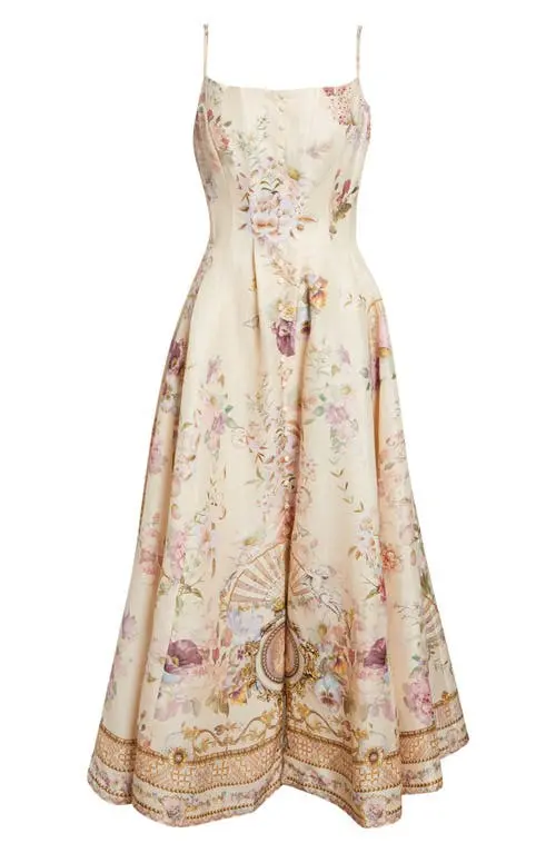 Camilla Corset Fit & Flare Linen & Silk Twill Dress - Adorned In Aranjuez