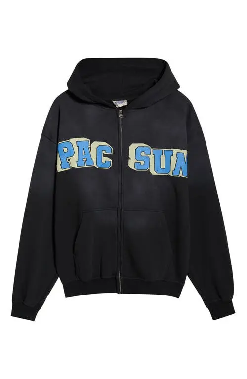 PACSUN Varsity Bear Zip Cotton Hoodie - Washed Black