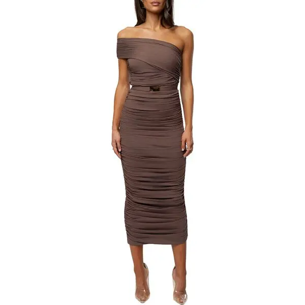 JLUXLABEL Ruched One-shoulder Midi Dress - Brown