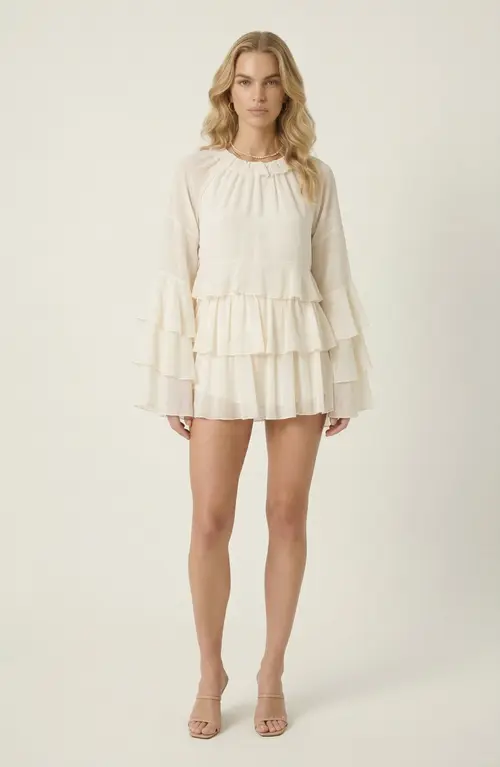 MODENAIRE Ruffle Tier Mini Skirt Set With Long Sleeve Blouse - Ivory