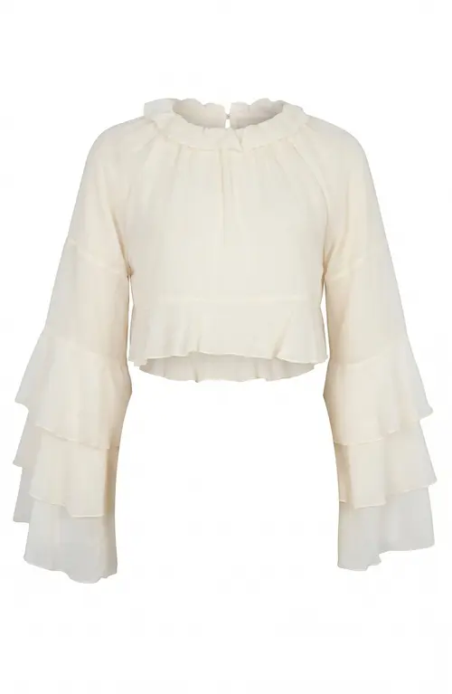 MODENAIRE Ruffle Tier Mini Skirt Set With Long Sleeve Blouse - Ivory