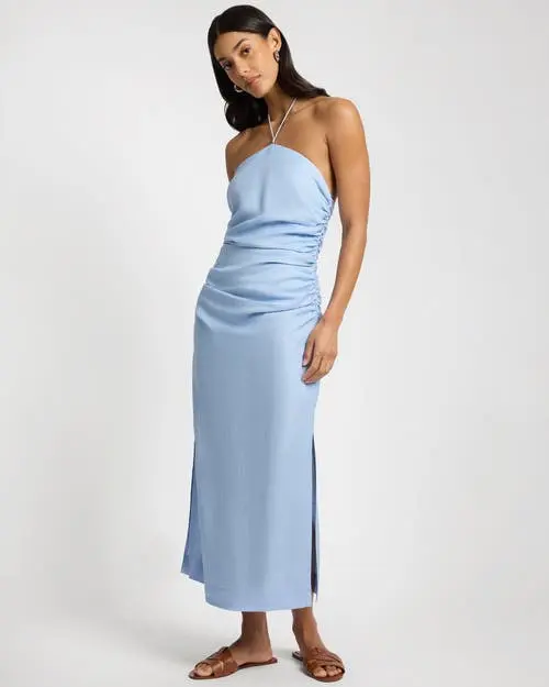 Onia Ruched Halter Midi Dress - Sky
