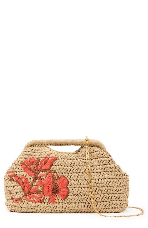 REISS Gina Embroidered Straw Clutch - Natural