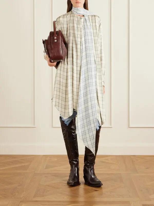 Acne Studios Scarf-detailed Checked Satin Midi Dress