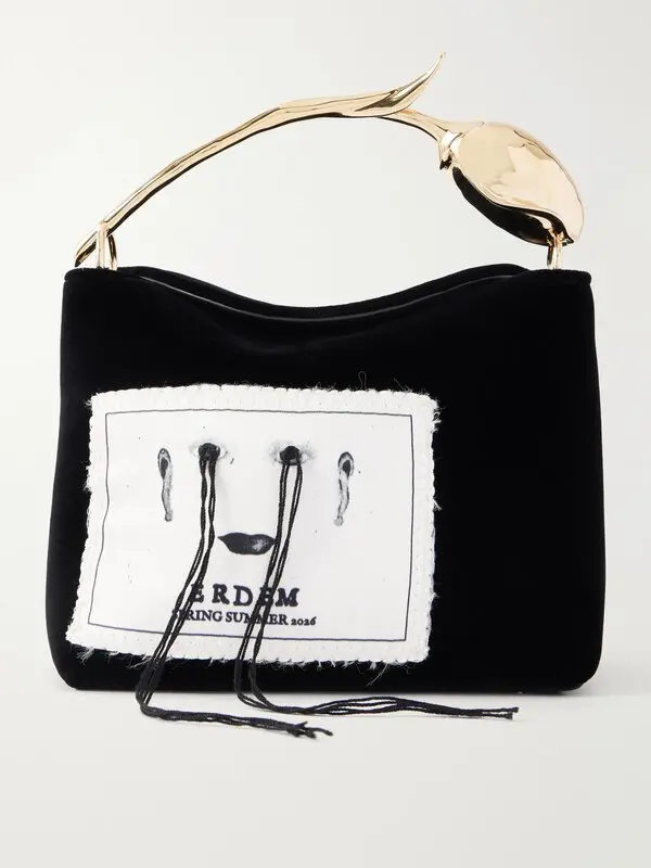 Erdem Bloom Mini Appliquéd Velvet Clutch - Black