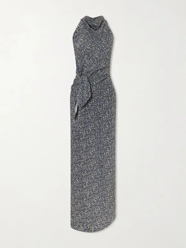 CORTANA Corallo Printed Silk Halterneck Midi Dress - Blue