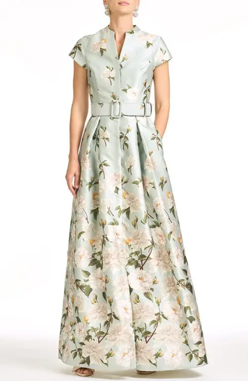 Sachin & Babi Marta Floral Belted Gown - Celadon Sweetbriar