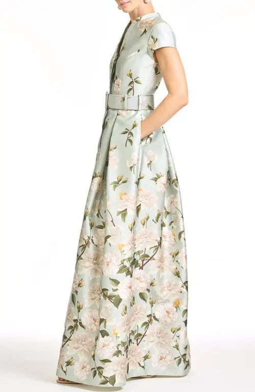 Sachin & Babi Marta Floral Belted Gown - Celadon Sweetbriar