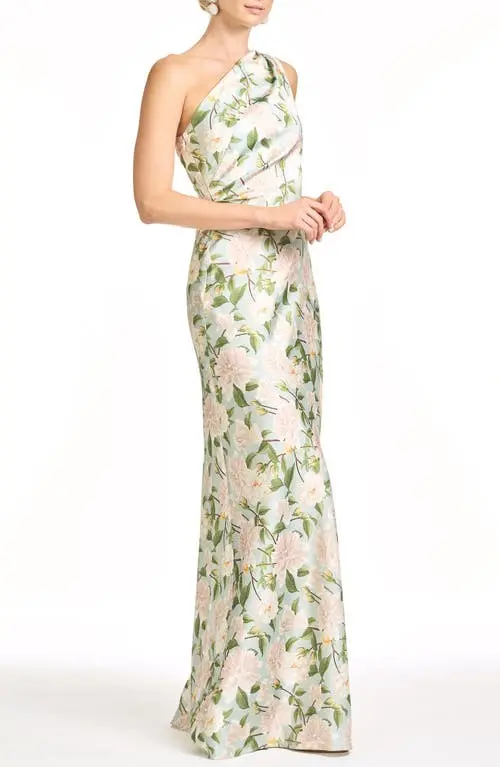 Sachin & Babi Delphine Floral One-shoulder Gown - Celadon Sweetbriar
