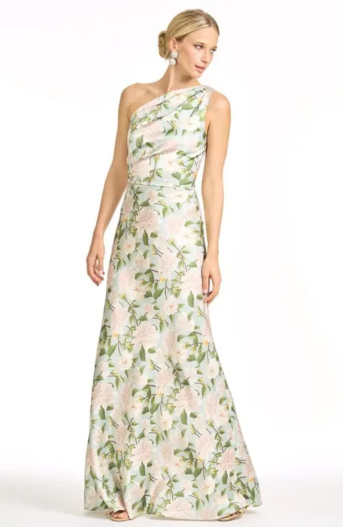Sachin & Babi Delphine Floral One-shoulder Gown - Celadon Sweetbriar