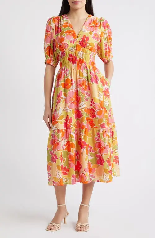 Vince Camuto Floral Print Puff Sleeve Midi Dress - Pink Multi