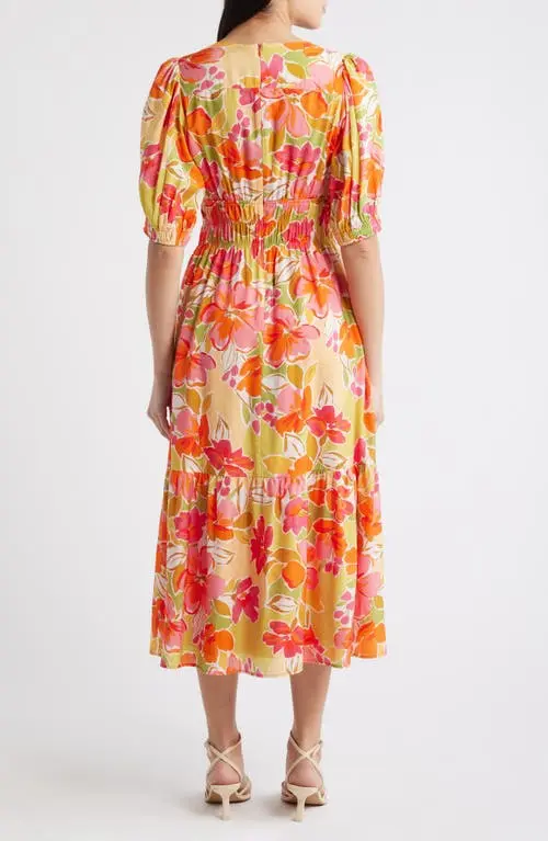 Vince Camuto Floral Print Puff Sleeve Midi Dress