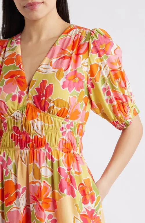 Vince Camuto Floral Print Puff Sleeve Midi Dress