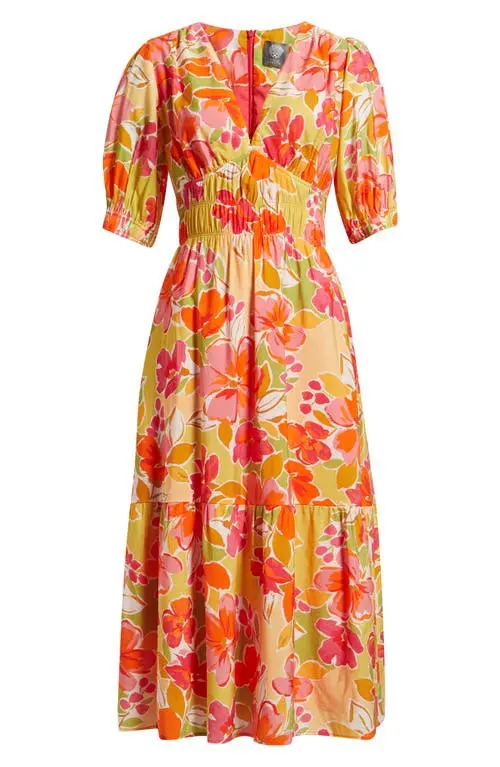 Vince Camuto Floral Print Puff Sleeve Midi Dress