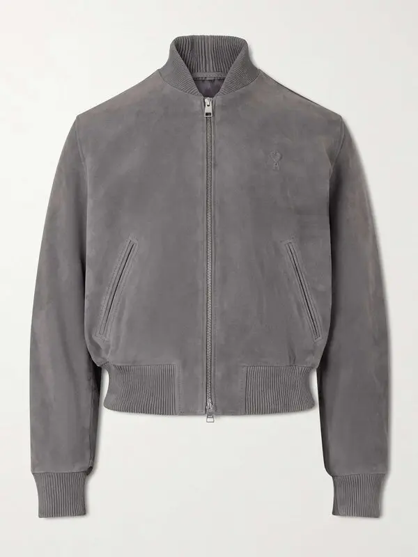 Ami Logo-embossed Suede Bomber Jacket - Gray