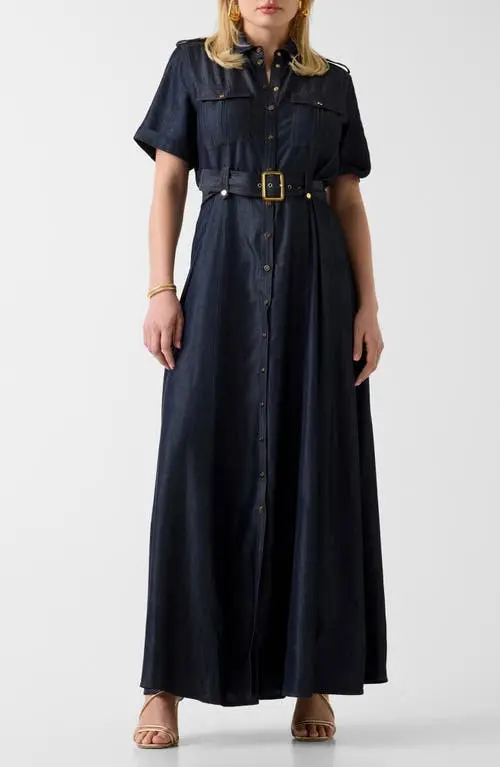 MARCIANO Belted Denim Maxi Shirt Dress - Dark Blue
