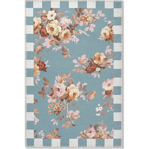 MACKENZIE-CHILDS Slate Wild Rose Washable Rug - Blue