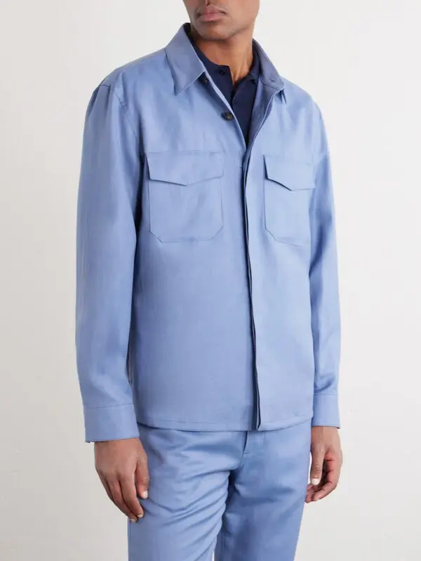 Canali Wool And Linen-blend Twill Shirt - Blue