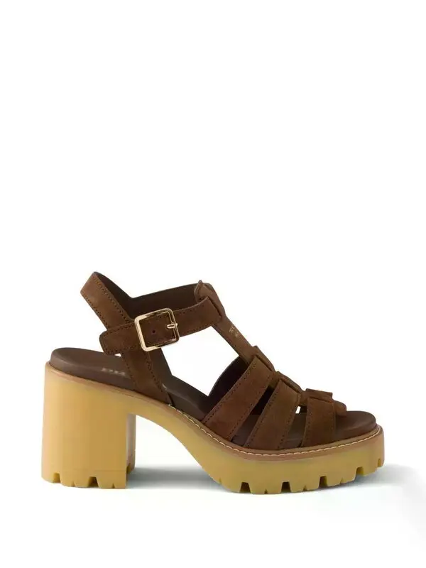 Prada Suede High-heeled Platform Sandals With Buckle Fastening - Brown