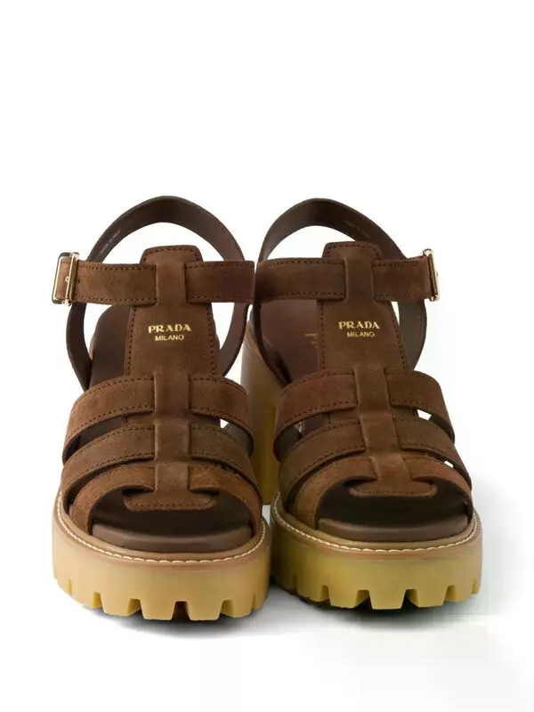 Prada Suede High-heeled Platform Sandals With Buckle Fastening - Brown